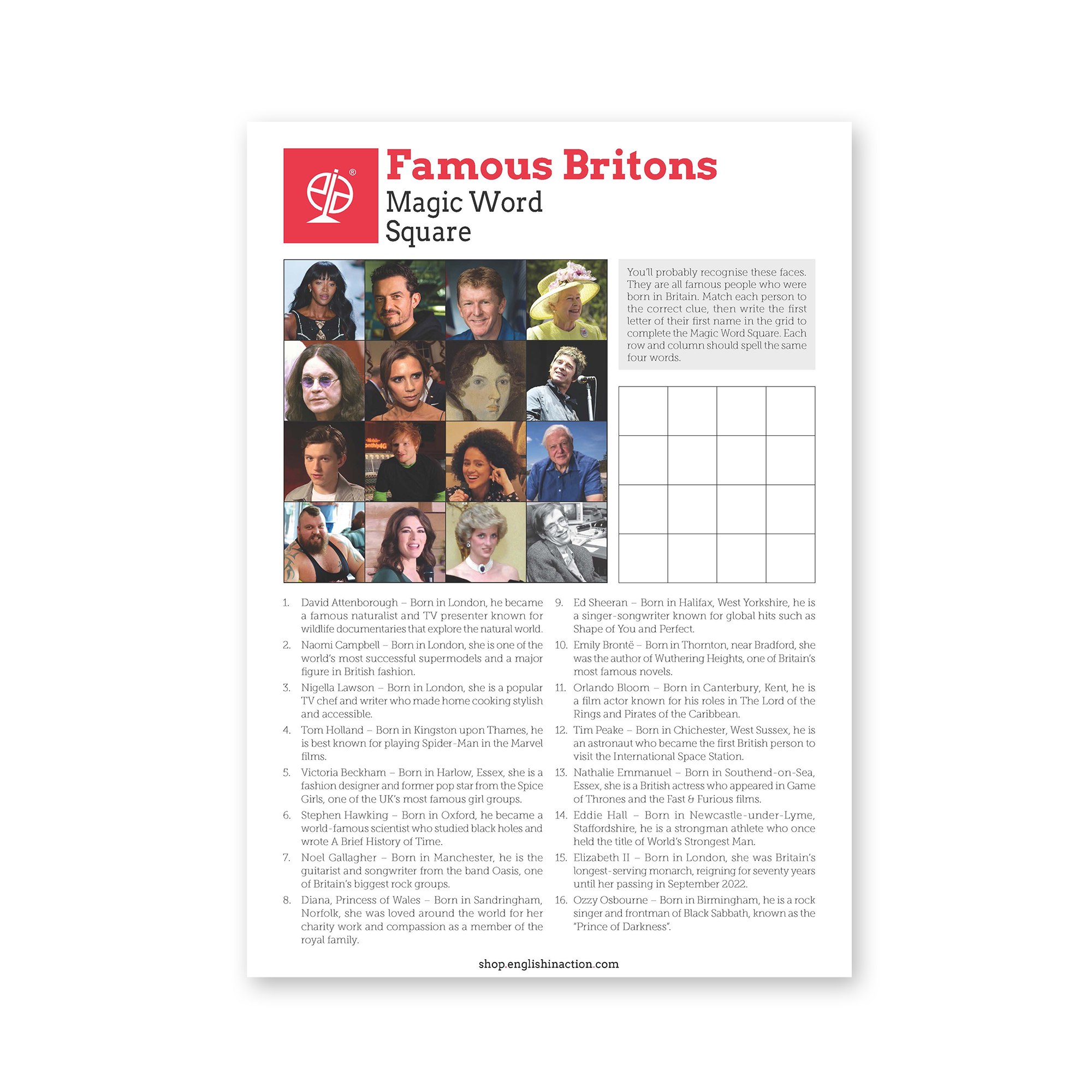 Famous Britons Magic Word Square | ESL Cultural Knowledge Puzzle – EiA Shop